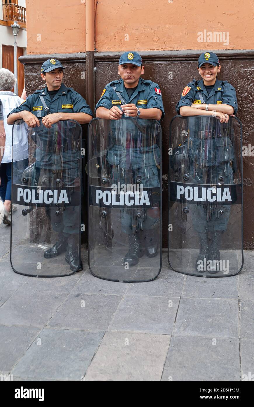 Lima, Peru - December 4, 2008: Closeup of 3 police officers in green ...