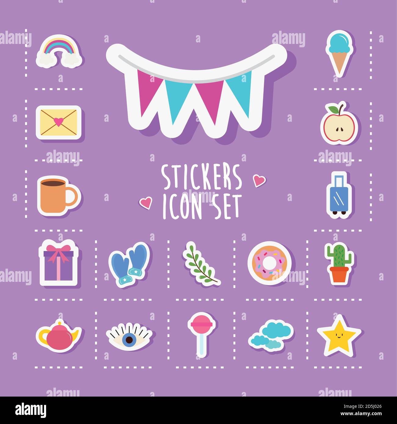cute banner pennant and stickers flat style icon set vector design ...