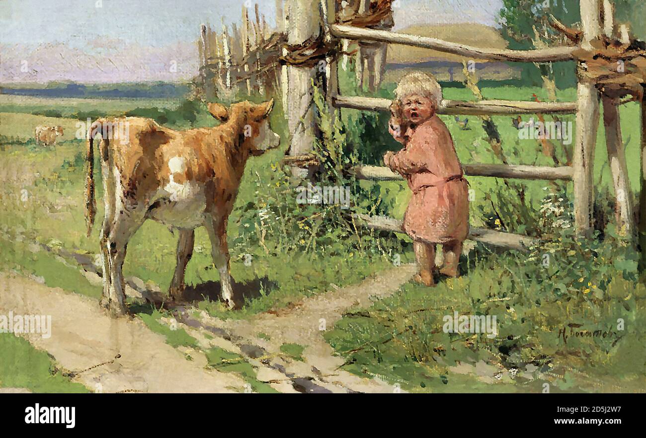 Bogatov Nikolai - Scared - Russian School - 19th Century Stock Photo ...