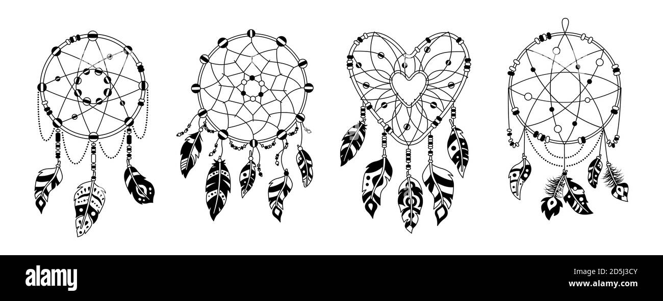 Boho dreamcatcher feathers black glyph cartoon set. Native American indian design. Ethnic ...