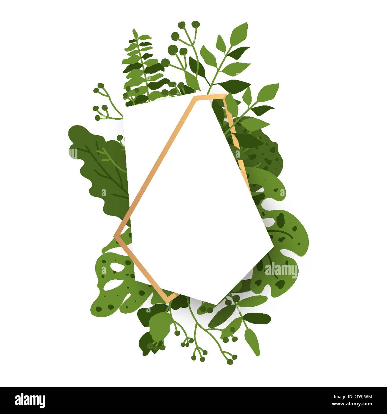 Abstract polyhedron gold floral frame with green exotic tropical leaves ...