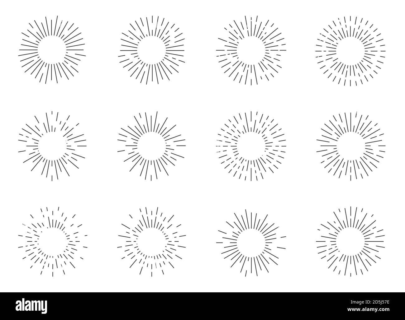 Radiant sun burst shapes set. Design elements vintage hipster style light rays frames for retro ...