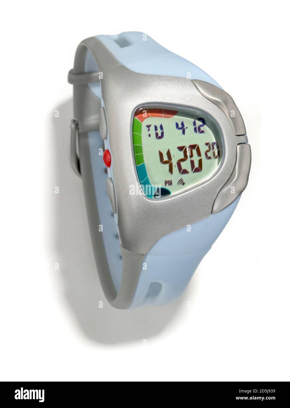 high gear heart rate watch in blue and silver photographed on a white ...