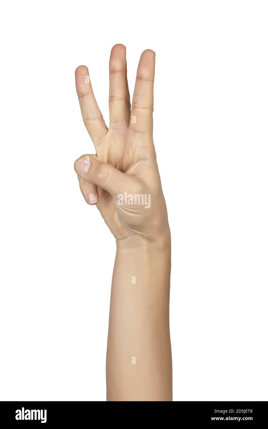 Isolated female hand shows the number three on white background Stock ...