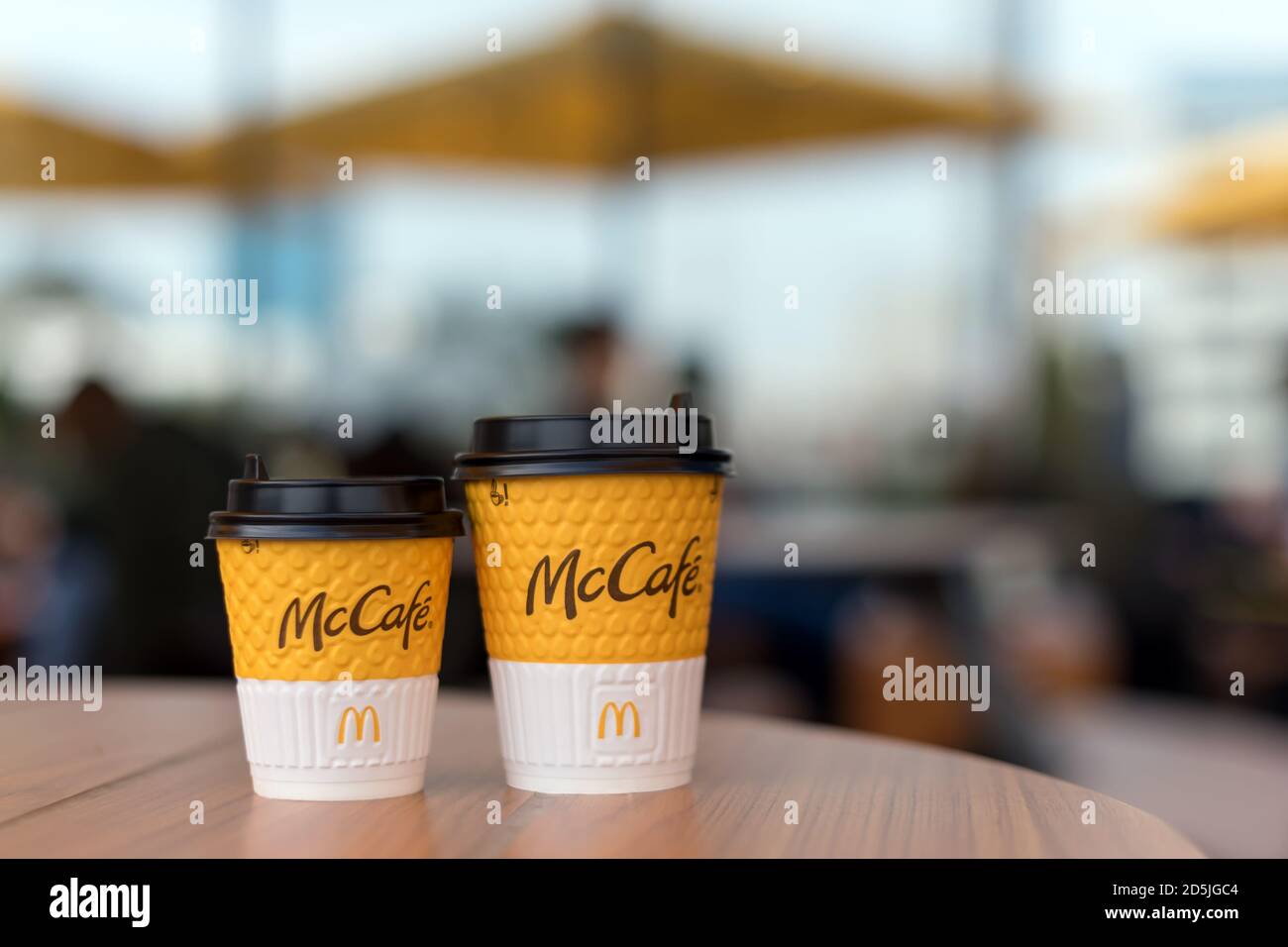 Kyiv, Ukraine - OCTOBER 12, 2020: Two paper cups of coffee with ...