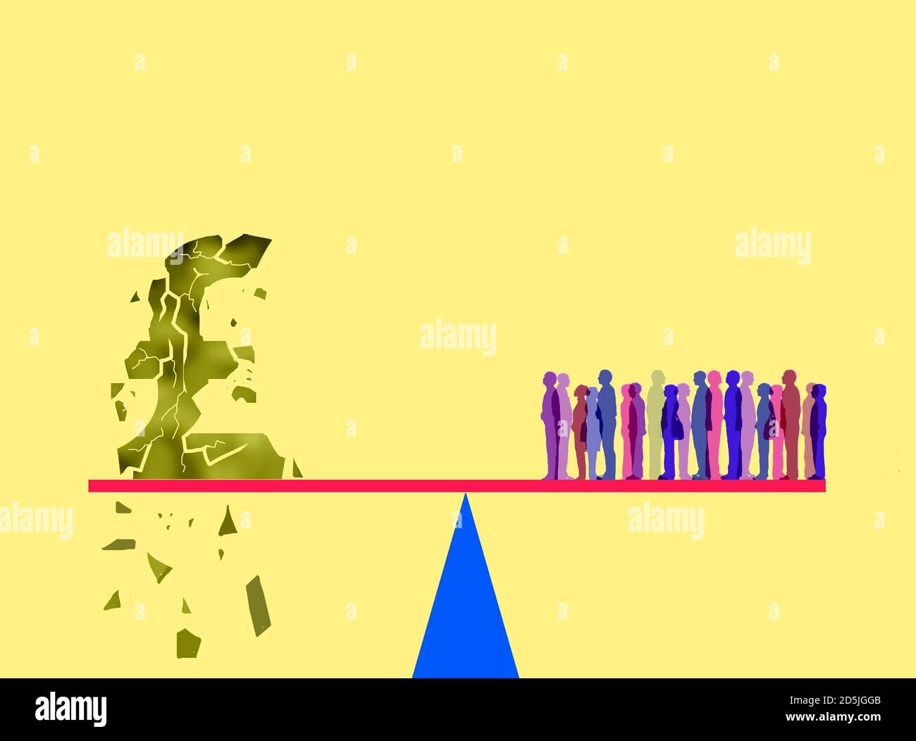 A large group of people staring at a crumbling pound sign both on a ...