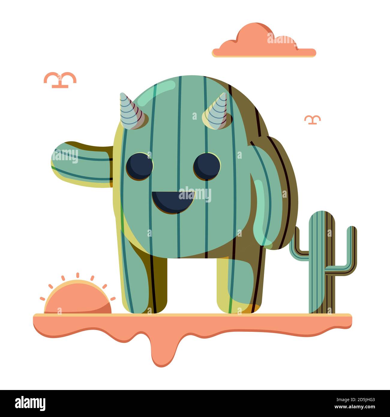 Cactus Monster with Sunset Vibe Flat Style Character Design Stock ...