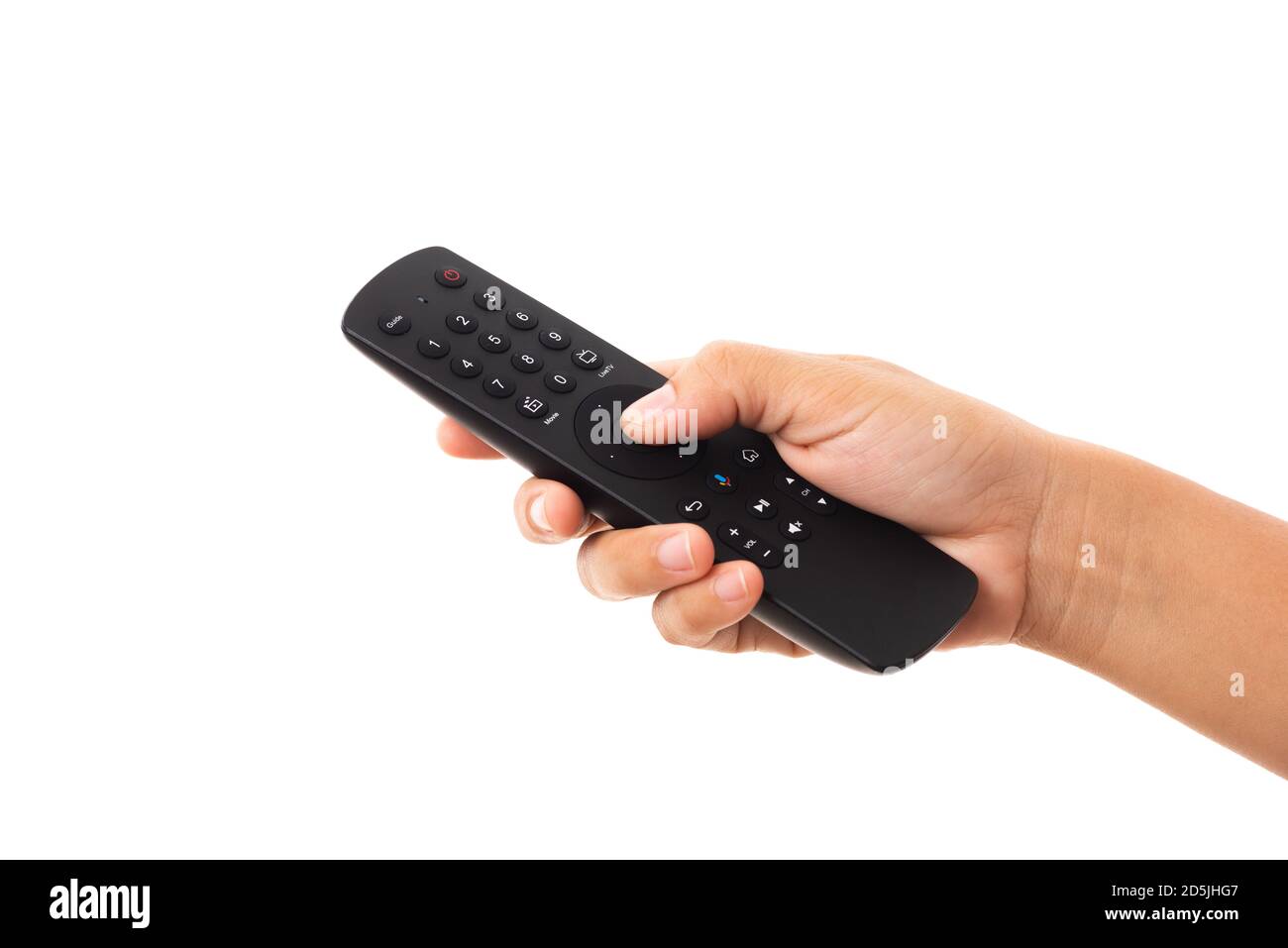 Hand holding television and audio remote control panel, studio shot ...