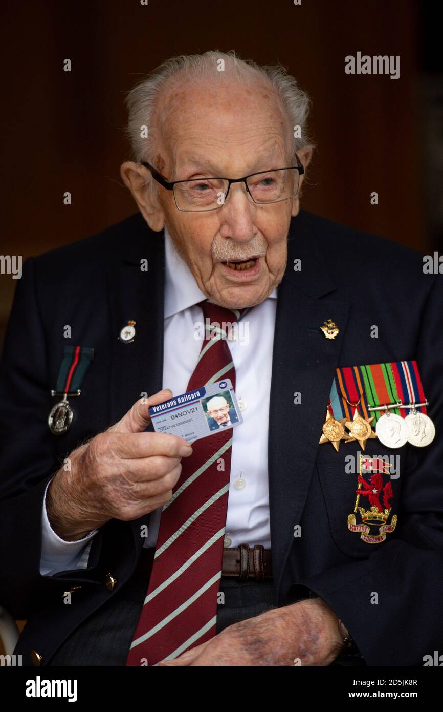 Captain Sir Tom Moore with the first Veteran' Railcard in Marston ...