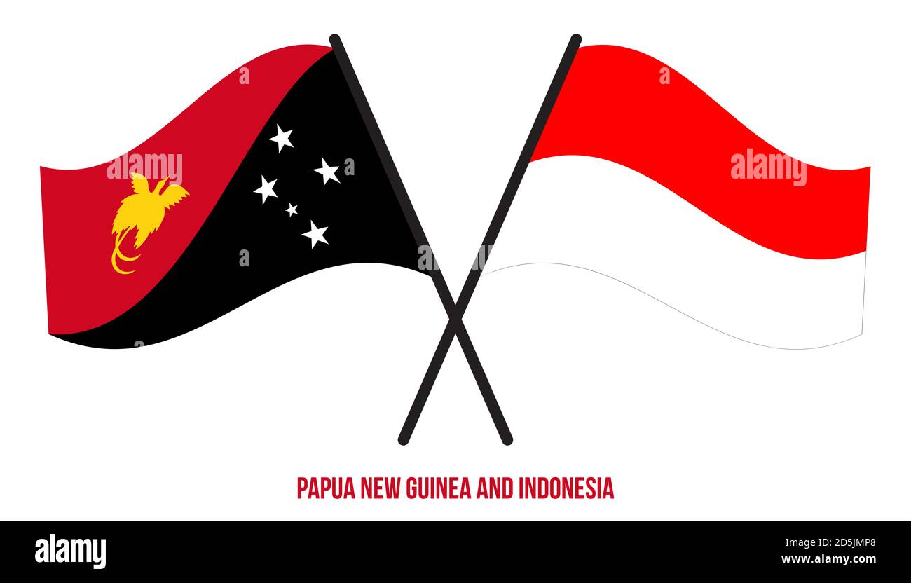 Papua New Guinea and Indonesia Flags Crossed & Waving Flat Style ...