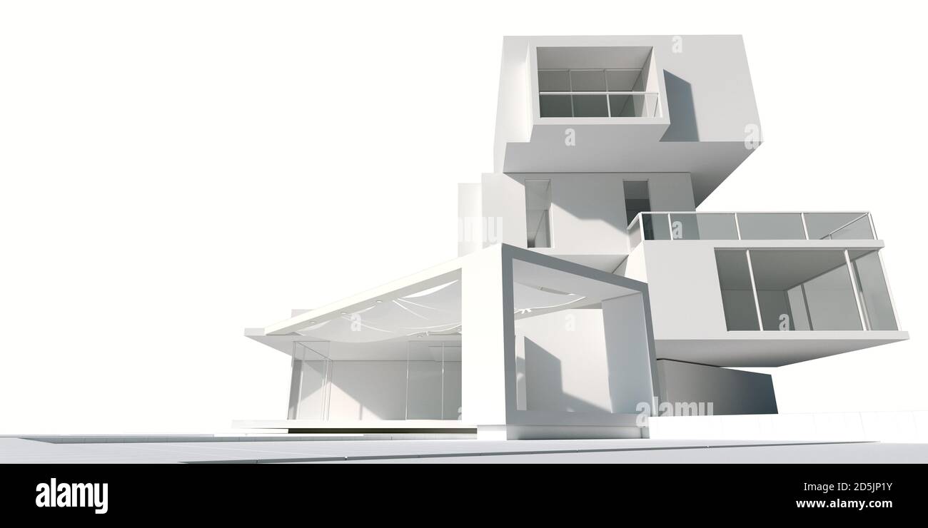 3D rendering of a modern house built in different independent levels ...