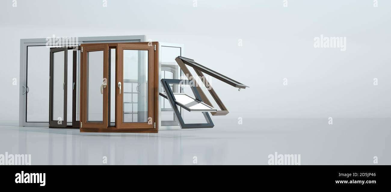 3D rendering of a selection of windows of different types and styles ...