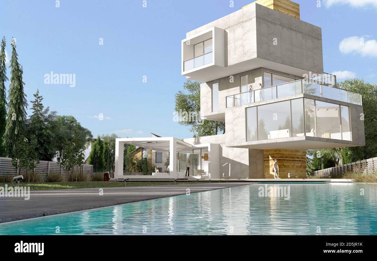 3D rendering of a modern house with pool and garden built in different ...