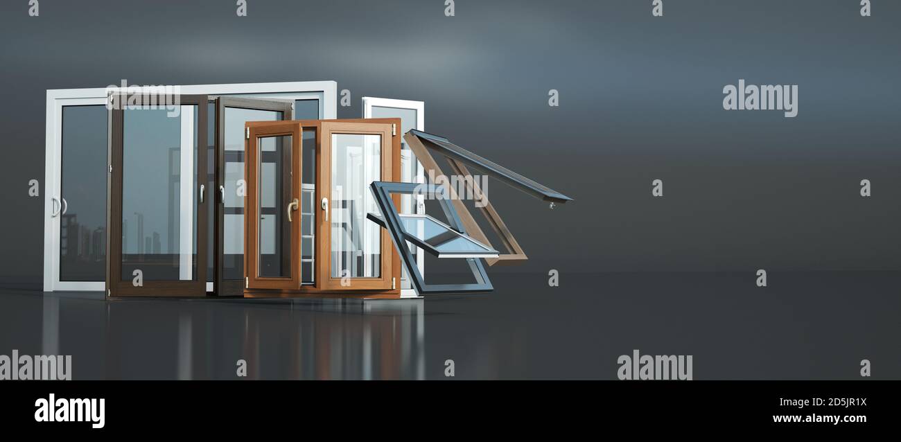 3D rendering of a selection of windows of different types and styles ...