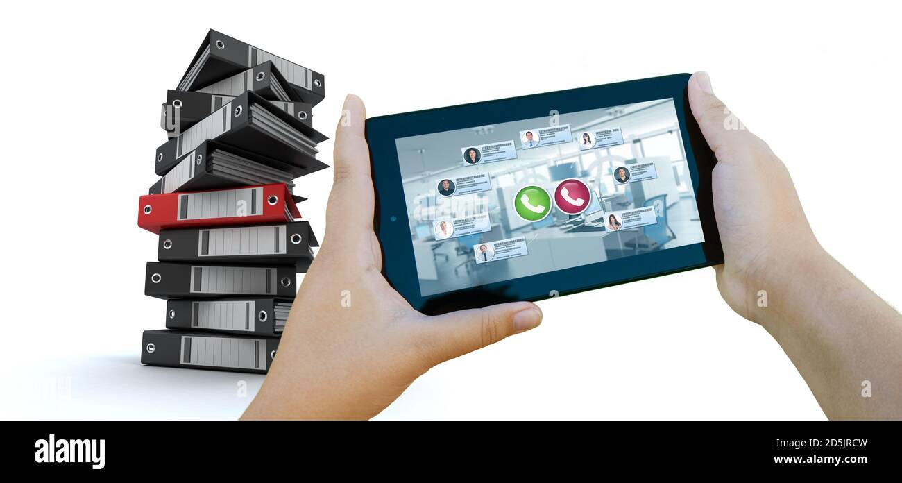 3D rendering of a tablet with a business videocall and a pile of ring ...