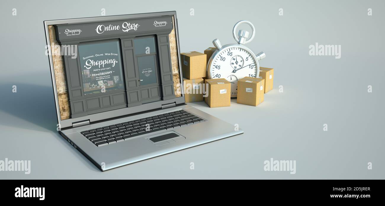 3D rendering of a computer with a traditional shop on the screen and a ...