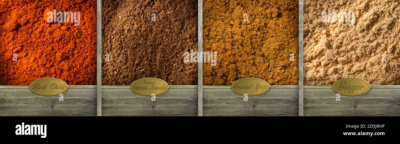 Collection of different spices with red chile, garam masala and ginger ...