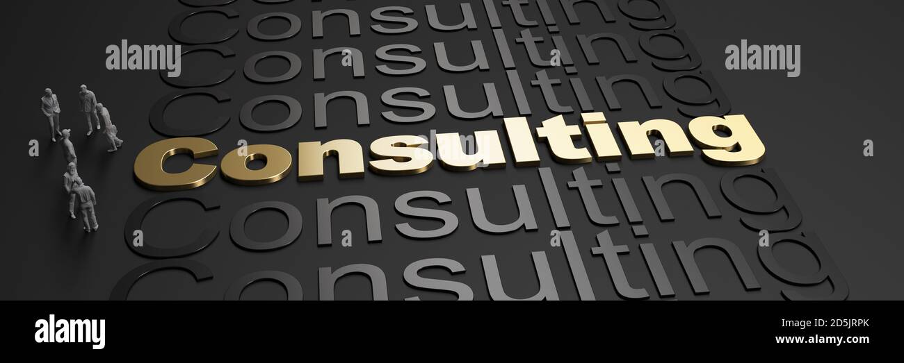3D rendering of the word consulting in golden letters against a black ...