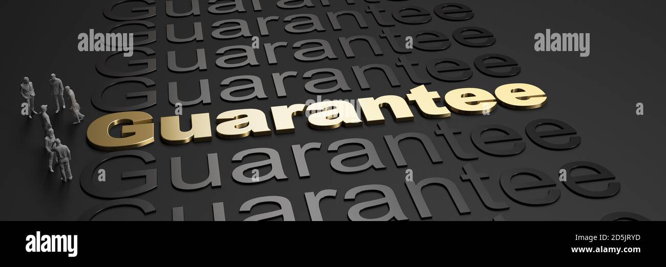 3D rendering of the word guarantee in golden letters against a black ...