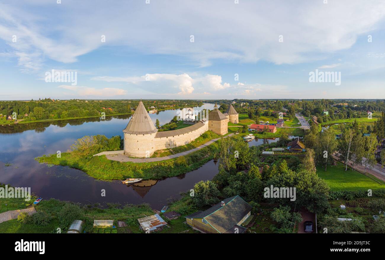 Aerial panoramic view of famous medieval fortress in Staraya Ladoga at ...