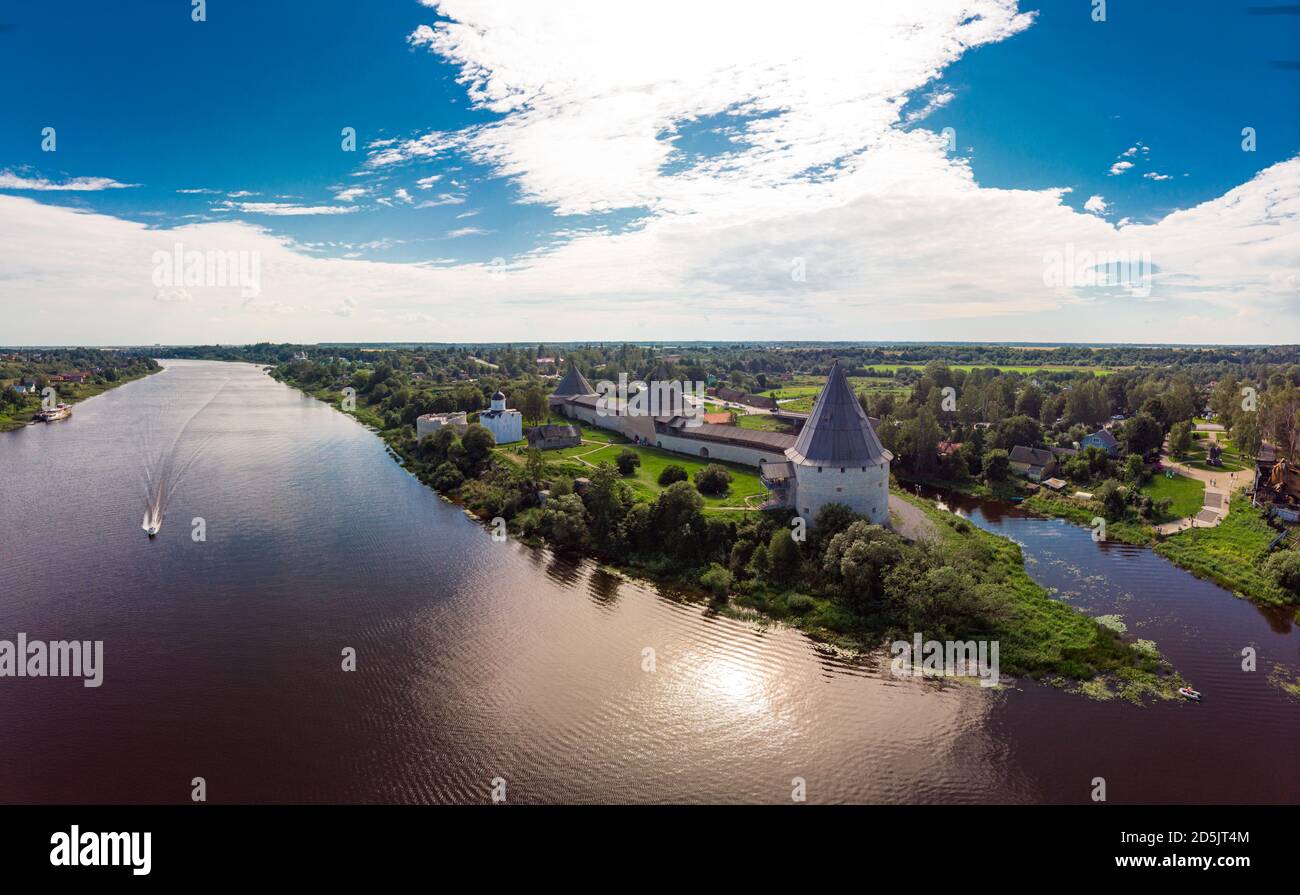 Aerial panoramic view of famous medieval fortress in Staraya Ladoga at ...