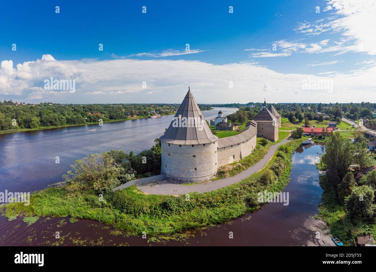 Aerial panoramic view of famous medieval fortress in Staraya Ladoga at ...