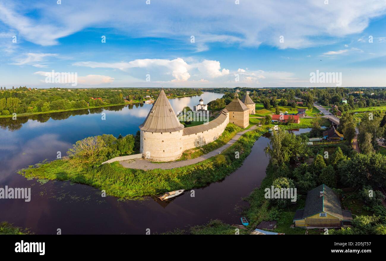 Aerial panoramic view of famous medieval fortress in Staraya Ladoga at ...