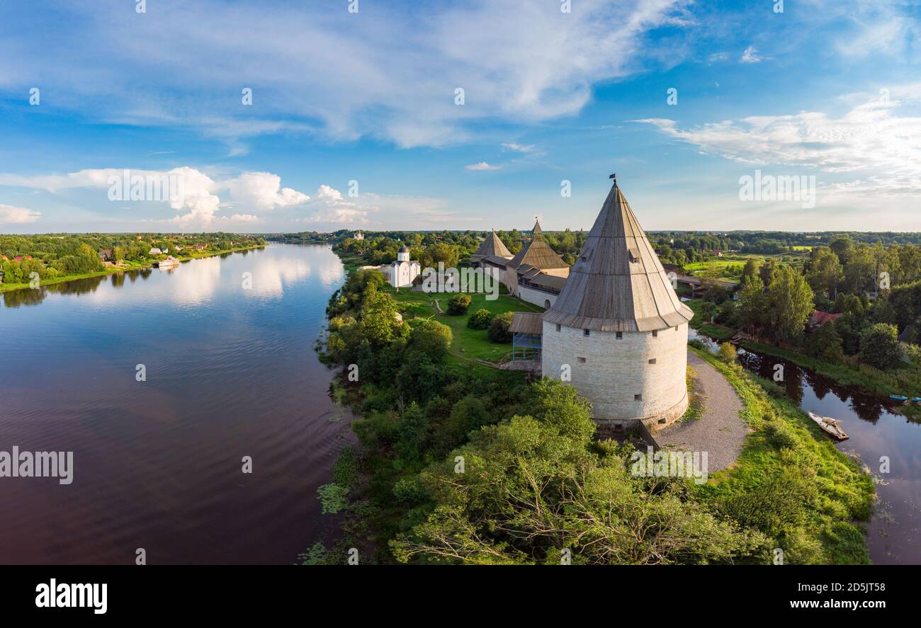 Aerial panoramic view of famous medieval fortress in Staraya Ladoga at ...