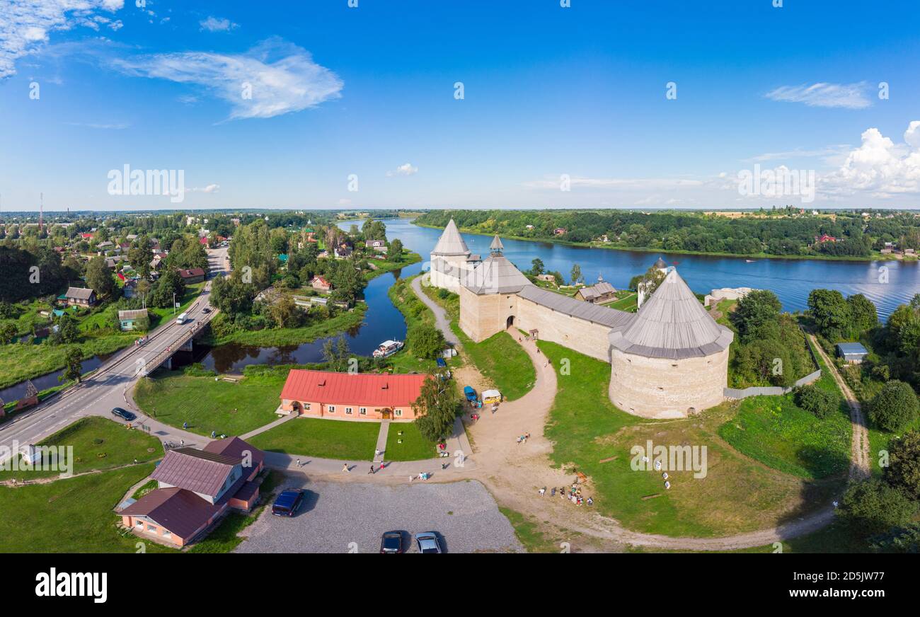 Aerial panoramic view of famous medieval fortress in Staraya Ladoga at ...