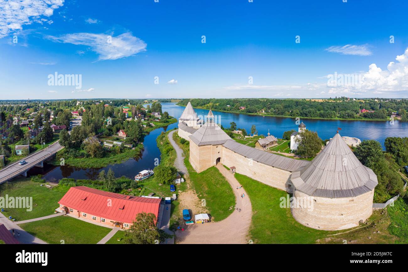 Aerial panoramic view of famous medieval fortress in Staraya Ladoga at ...