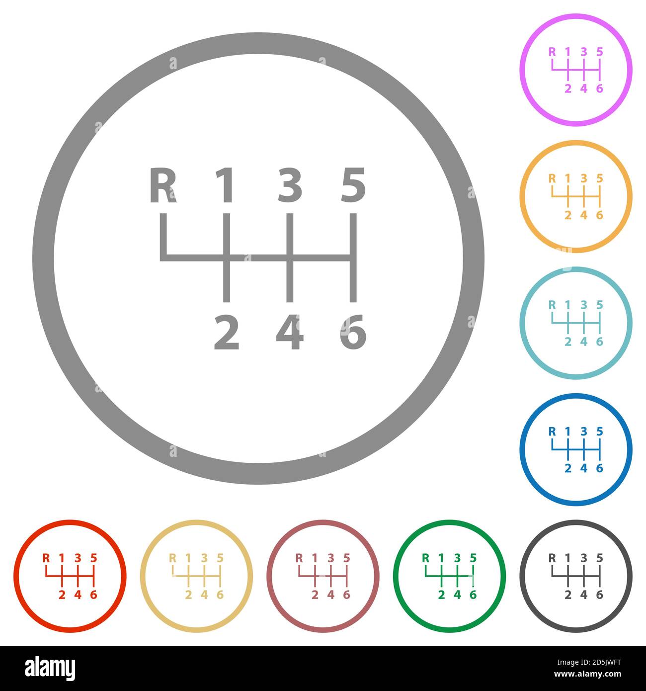Six speed manual gear shift flat color icons in round outlines on white ...