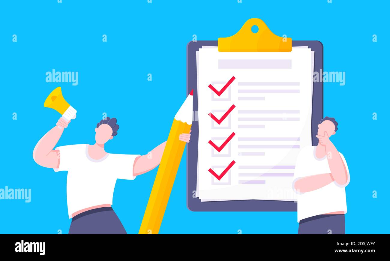 Task done business concept with tiny person with megaphone, pencil ...