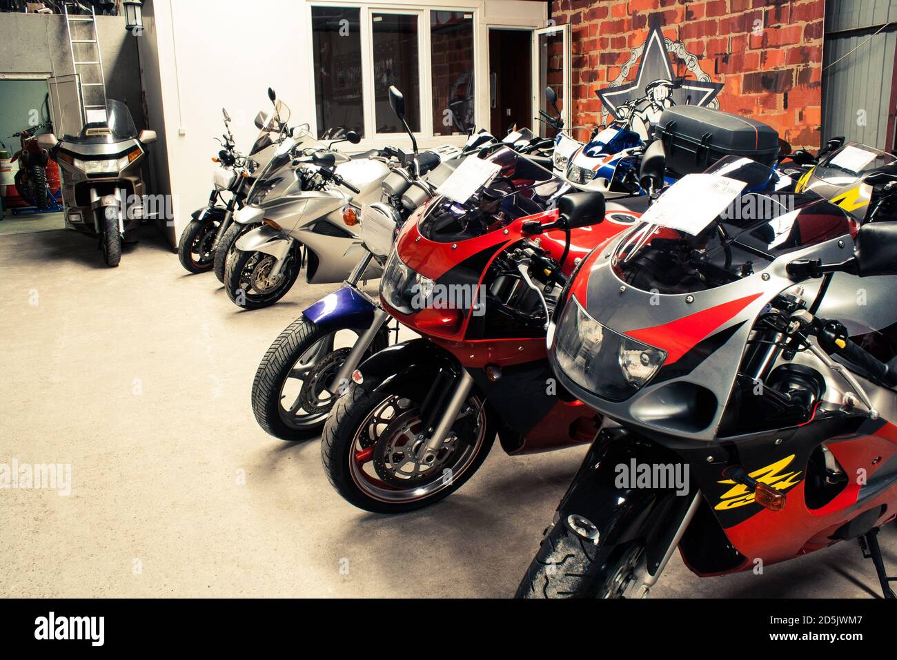 Colored sports, road beautiful bikes in a motor show. Many motorcycles ...