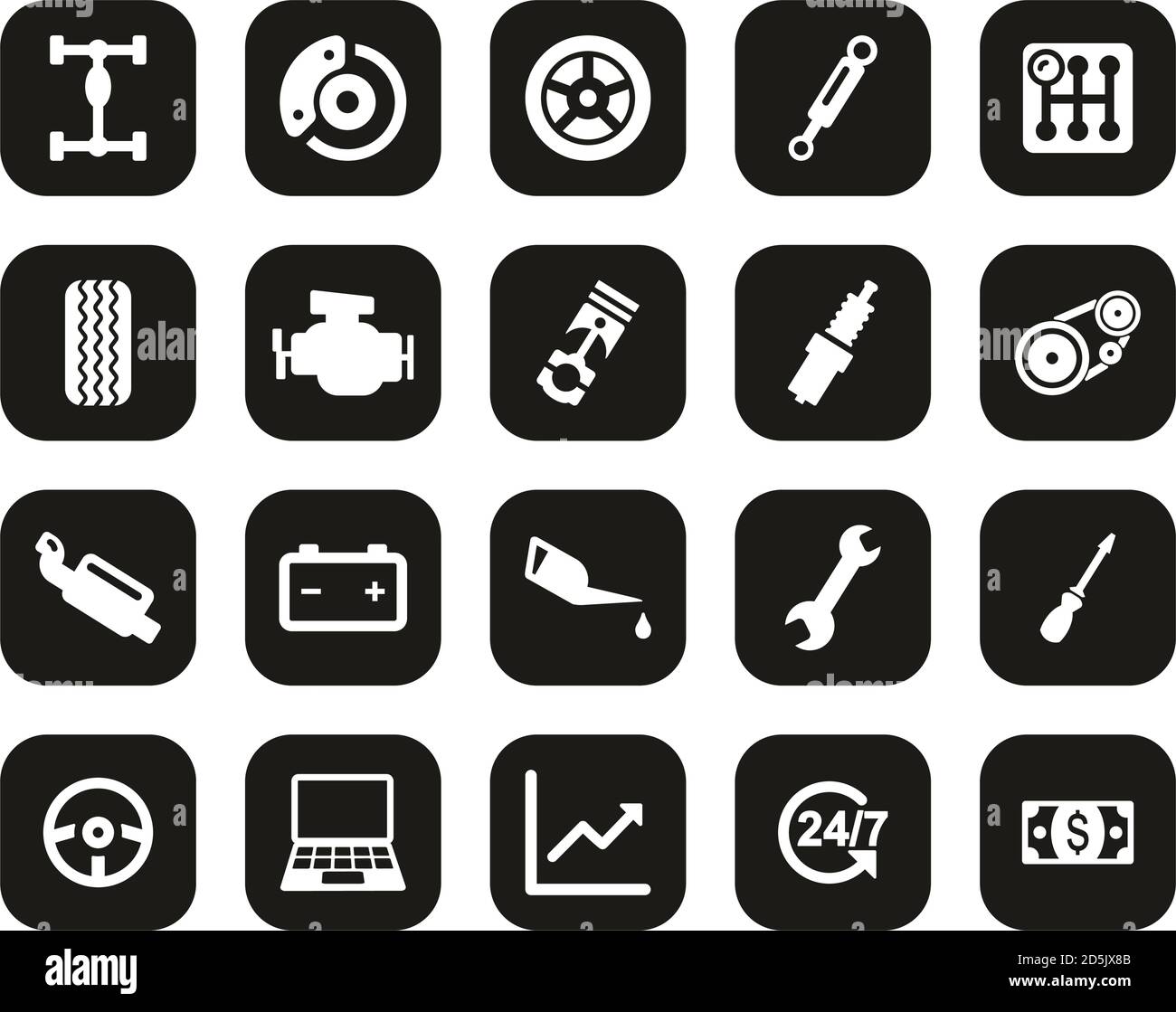 Car Mechanic White On Black Flat Design Set Big Stock Vector Image ...