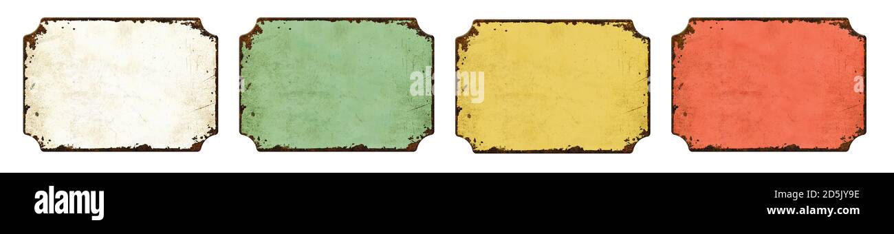 Four empty vintage tin signs on a white background Stock Photo - Alamy