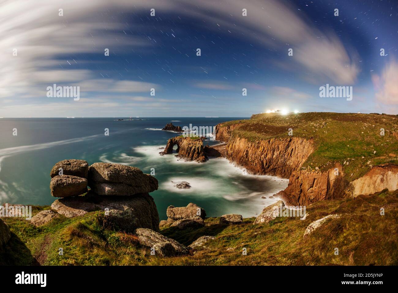 Longships Lighthouse from Land's End; At Night with Moonlight and Star ...