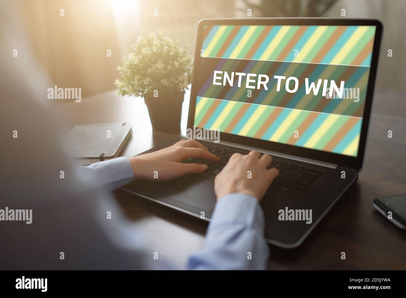 Enter to win text on the screen. Giveaway. Lottery and prizes. Social ...
