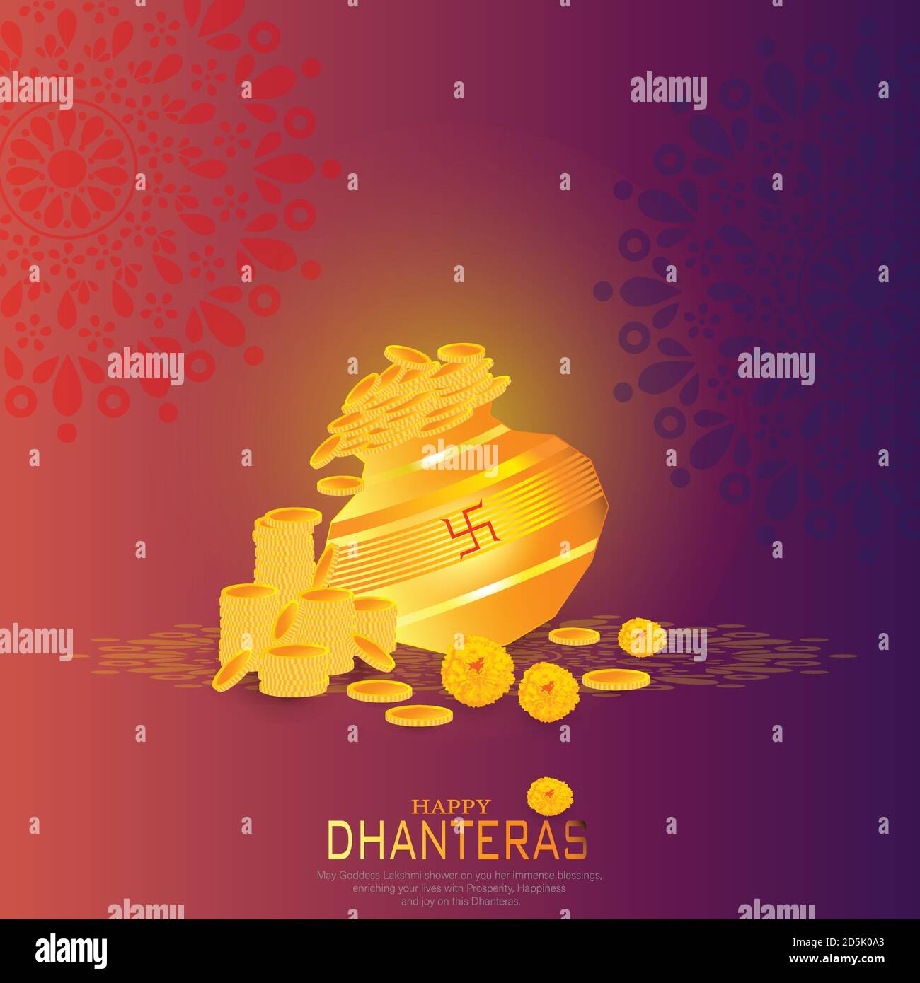 Dhanteras festival card with Gold coin in pot golden patterned and red ...