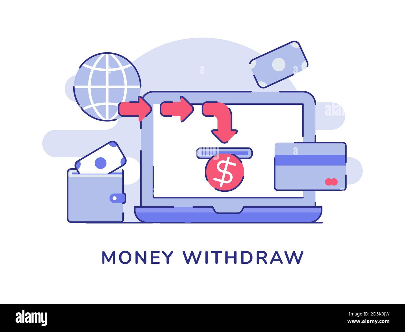 Money withdraw on display laptop monitor wallet money white isolated ...