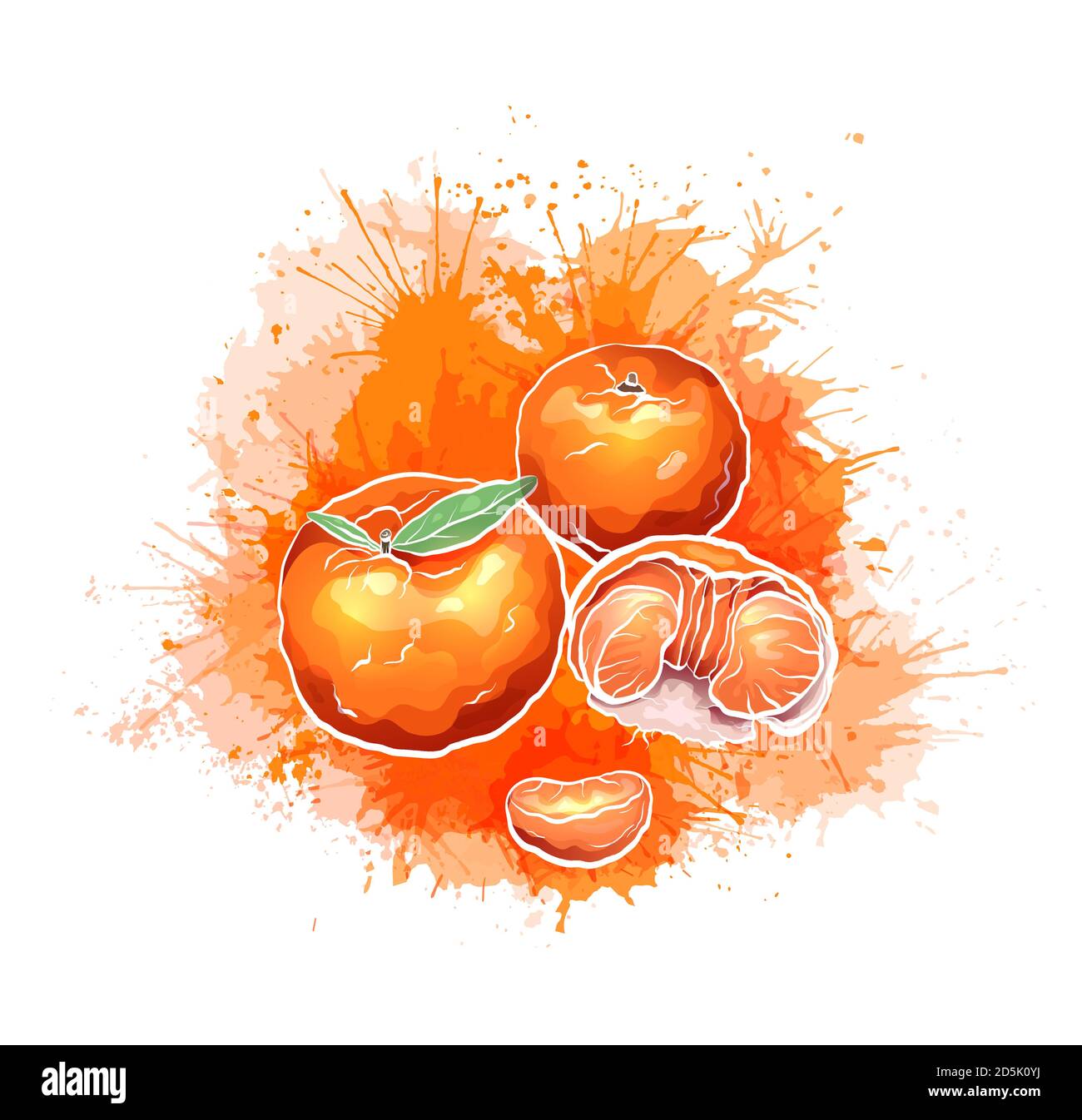 Illustration of cartoon tangerine with watercolor splashes and drops ...