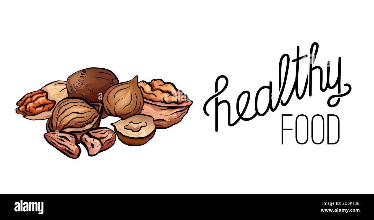 Healthy food. Cartoon nuts and lettering. Hazelnut, pecan and walnut ...