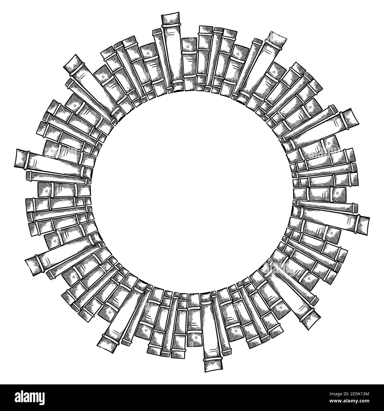 Round border from books with hatching. Engraving bookshelf in circle ...
