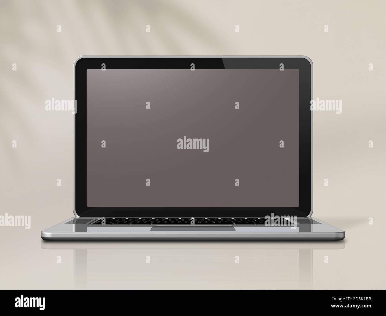 3D blank laptop computer isolated on office desk. Exotic palm leaf ...