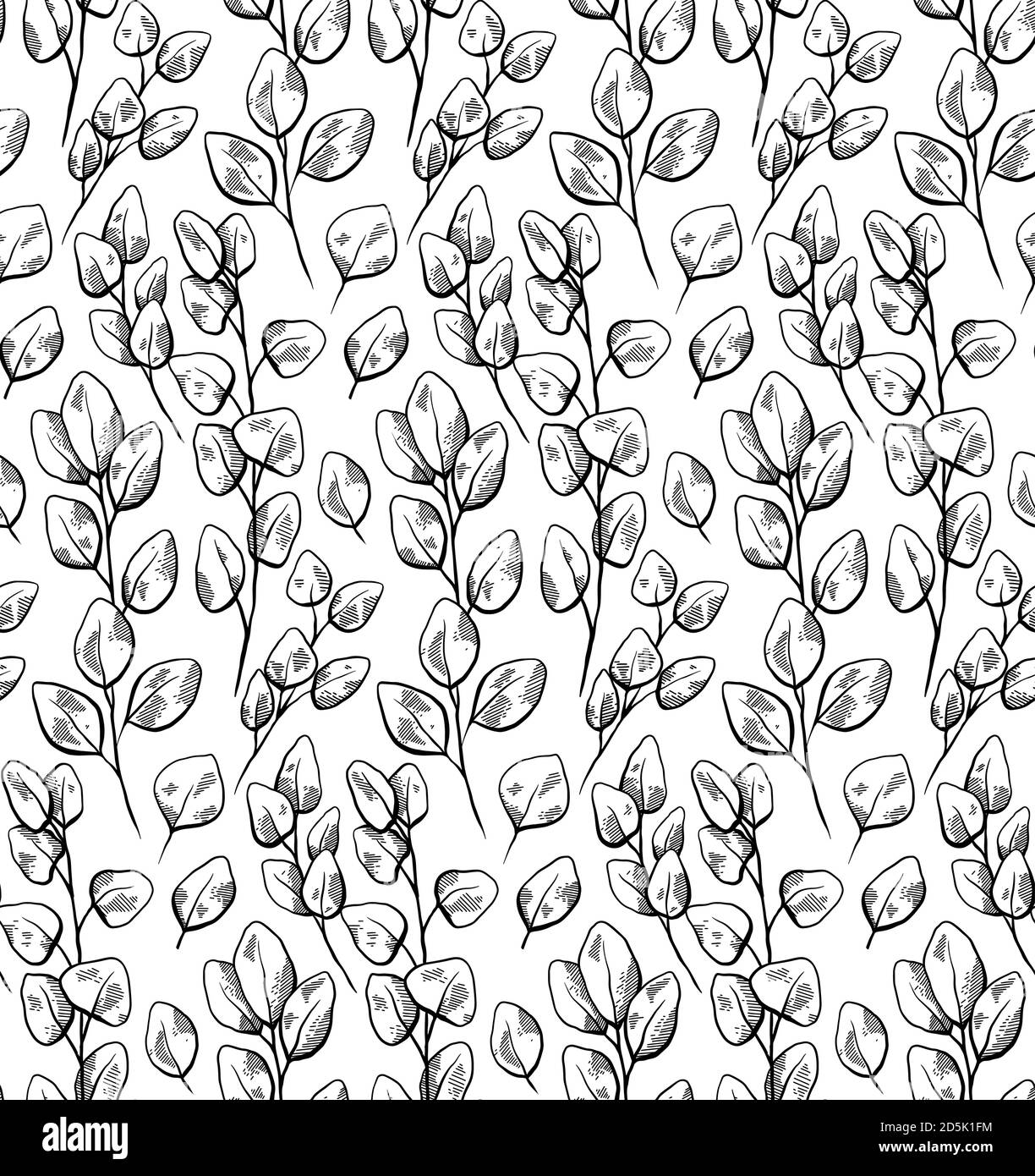 Seamless texture of sketch of eucalyptus populus with hatching on a white background. Engraving ...