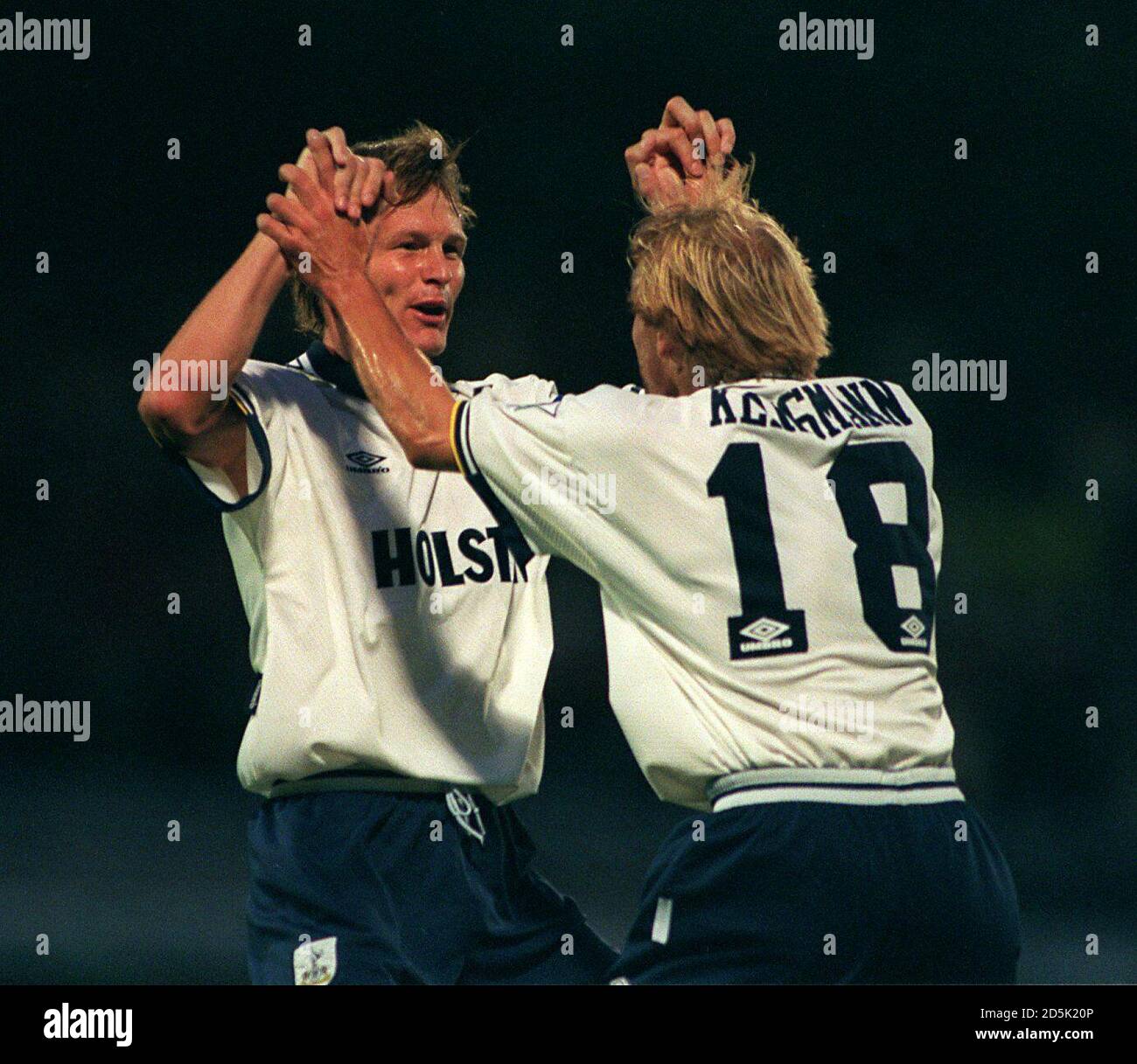 TEDDY SHERINGHAM CELEBRATES WITH TOTTENHAM HOTSPUR GOALSCORER JURGEN ...