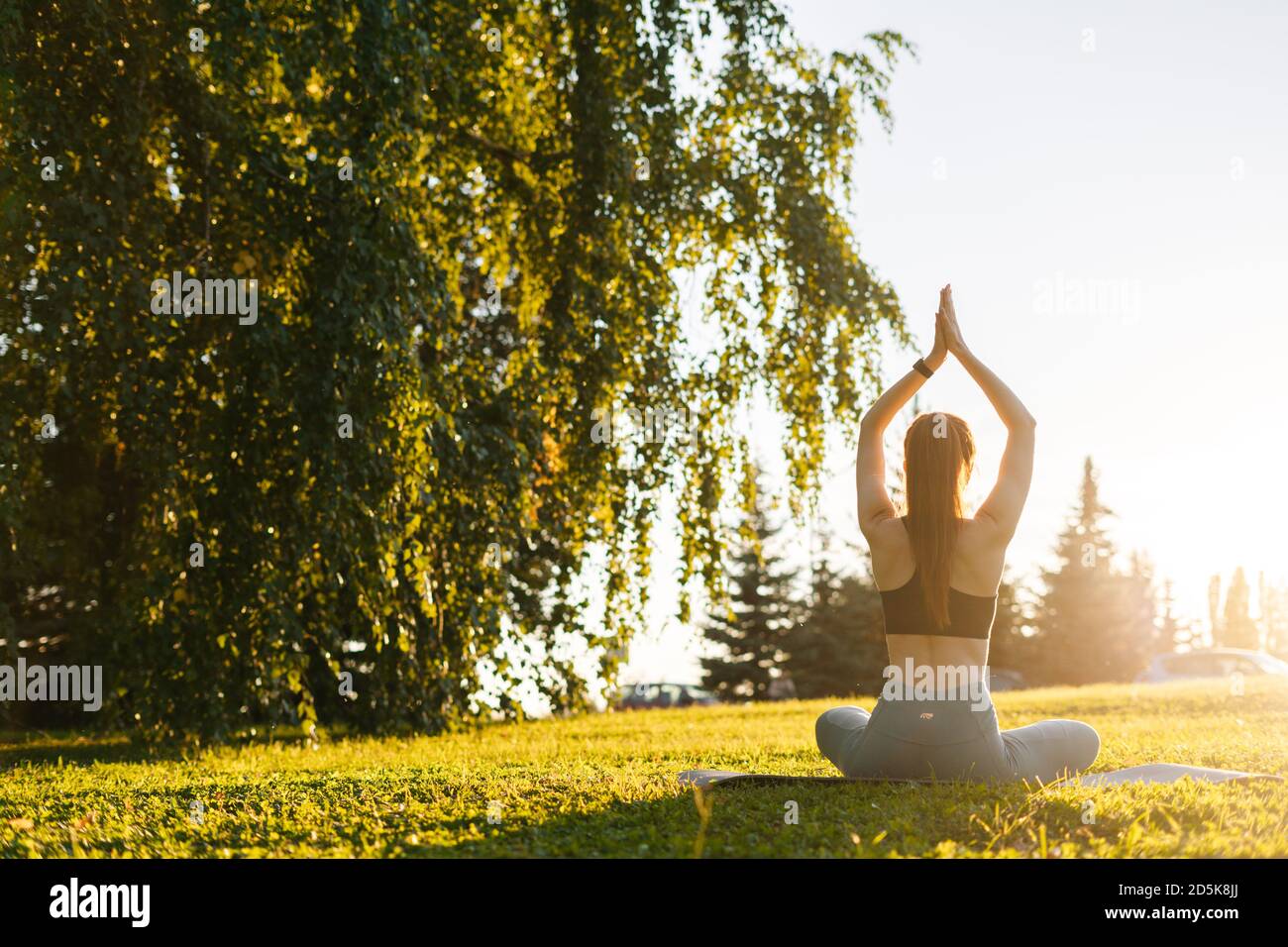 Back view of flexible young woman sitting on yoga mat in lotus position ...