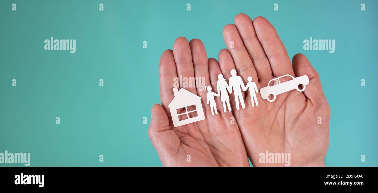 Concept of life, auto and home insurance with paper family, car and ...