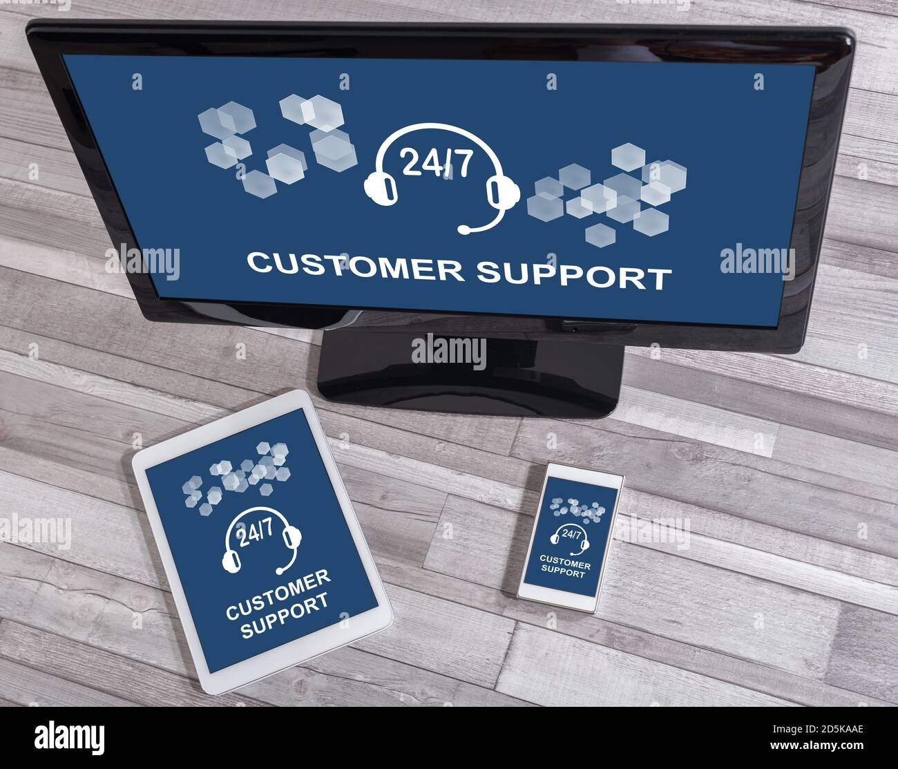 Customer support concept shown on different information technology ...