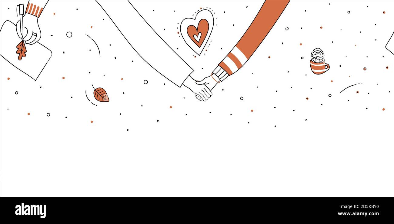 Autumn seamless horizontal romantic border.Male and female hand holding ...