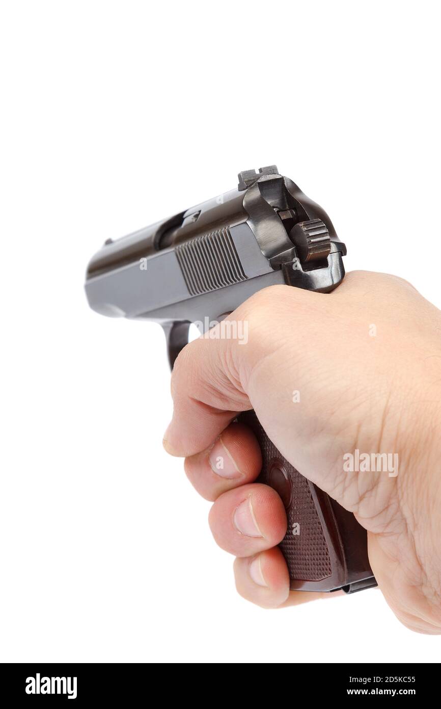 Gun in hand isolated on white background Stock Photo - Alamy